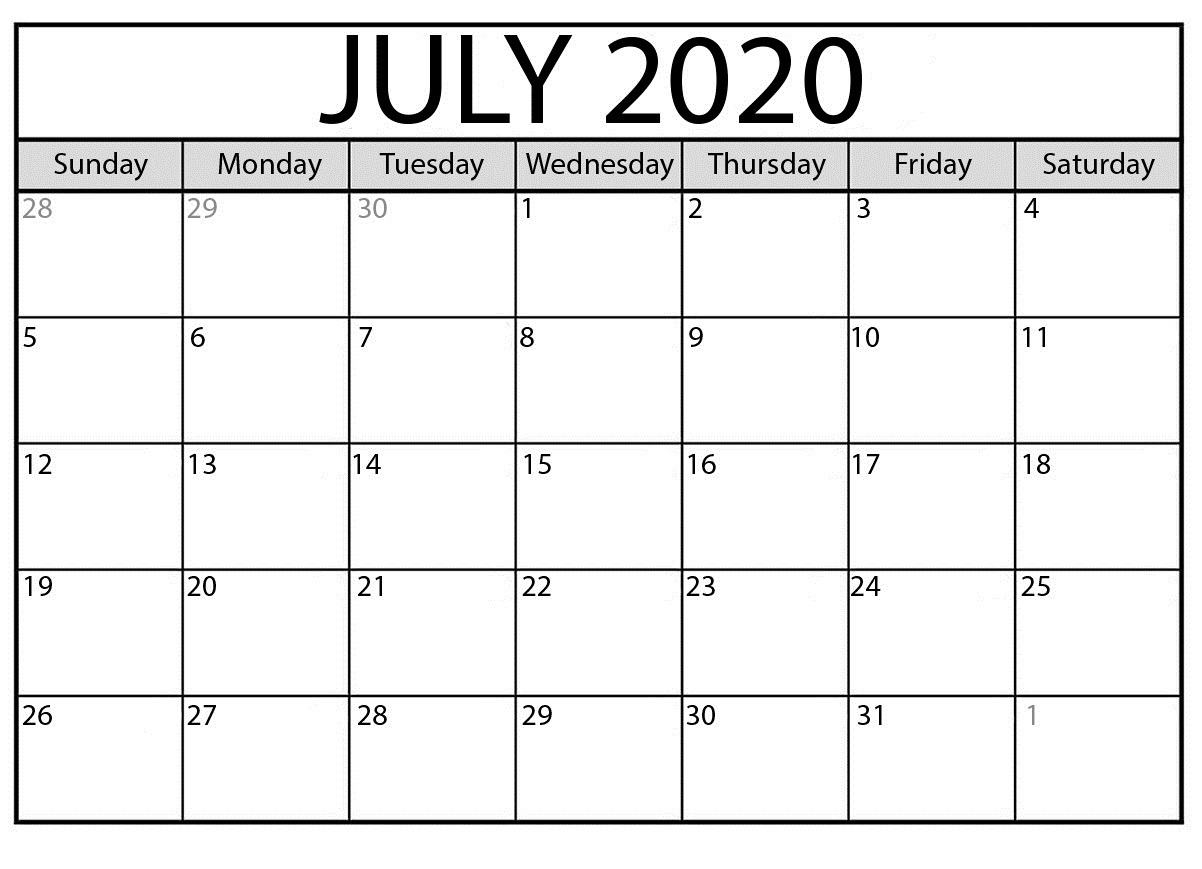Blank Printable 2020 Calendar: July 2020 Free Printable Calendar