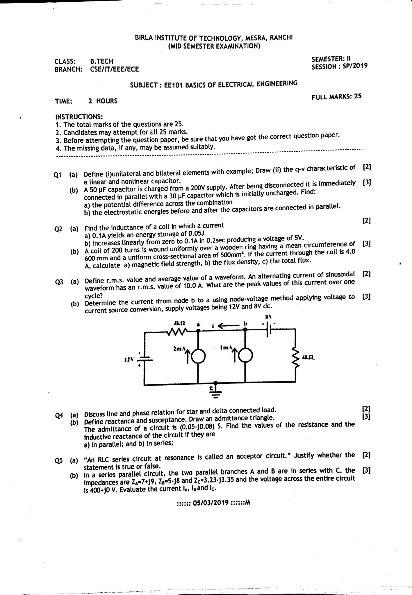 EE101 Basics of Electrical Engineering BTECH 2nd semester bit mesra ...