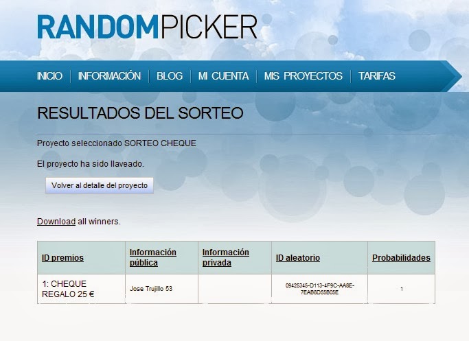 GANADOR DEL SORTEO DEL CHEQUE REGALO DE 25 EUROS