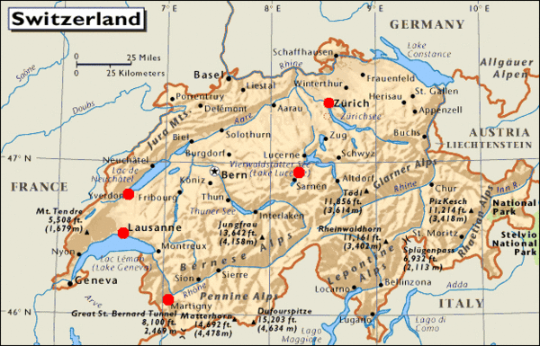 Zvicra - harta gjeografike e Zvicrës - Shqipëria Express