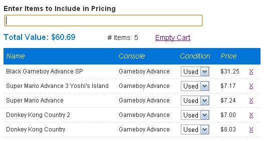 Value Game Lots and Collections with Pricing Cart