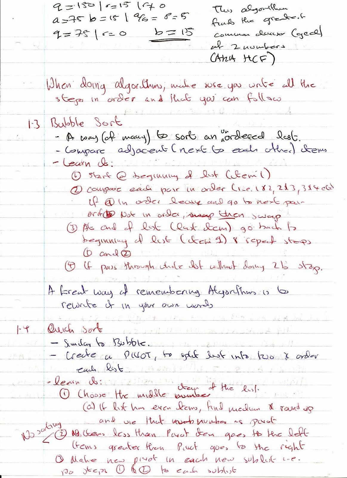 A Level Maths Notes: Decision Sorting Bubble and Quick Sort (EDEXCEL)