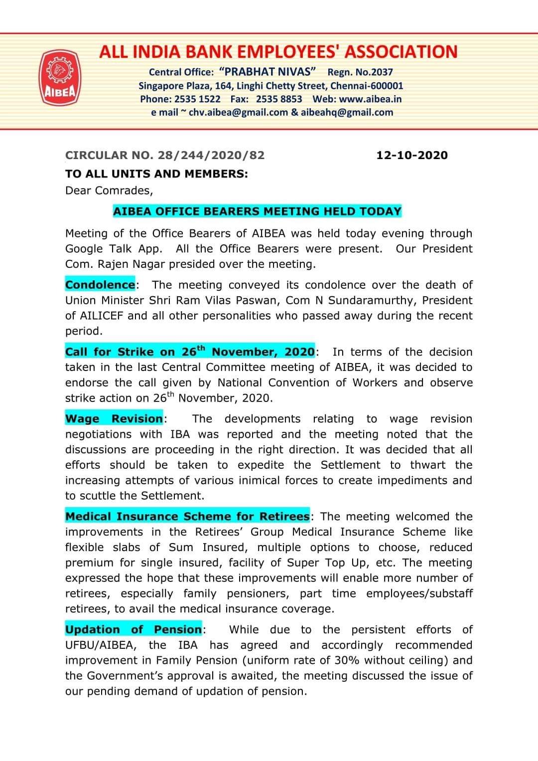 AIBEA Meeting Updates Dated 12-10-2020 - 11th BPS
