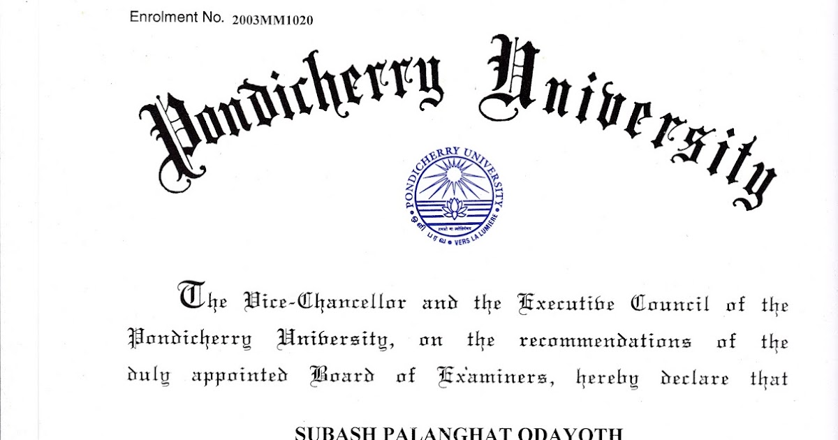 BANGALORECITY: Pondicherry University certificate