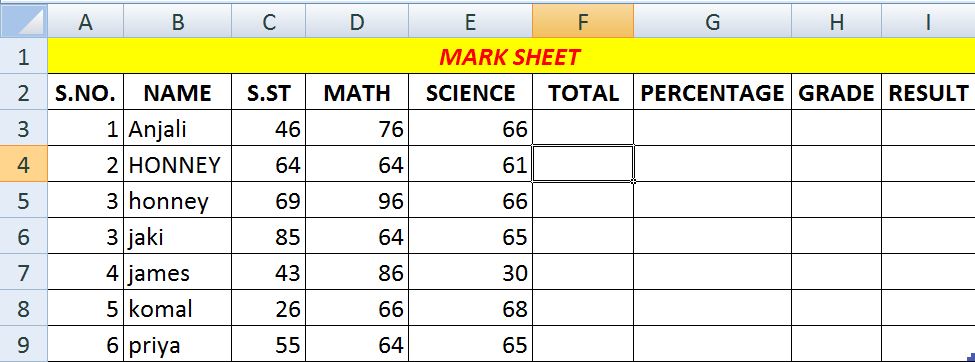 MS Excel Mark sheet