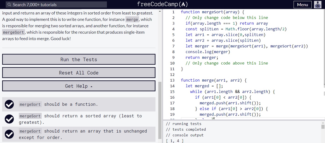 Coding Interview Prep: Algorithms - Implement Merge Sort (freeCodeCamp) Coding Interview Prep: Algorithms - Implement Merge Sort (freeCodeCamp)