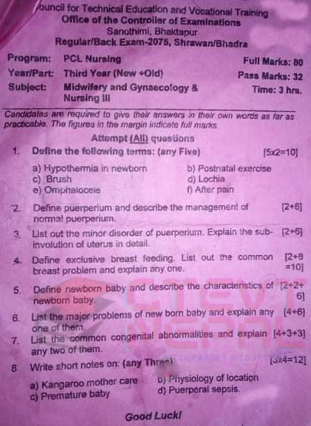 Midwifery and Gynaecological Nursing III - 3rd Year Question Papers CTEVT | PCL in Nursing
