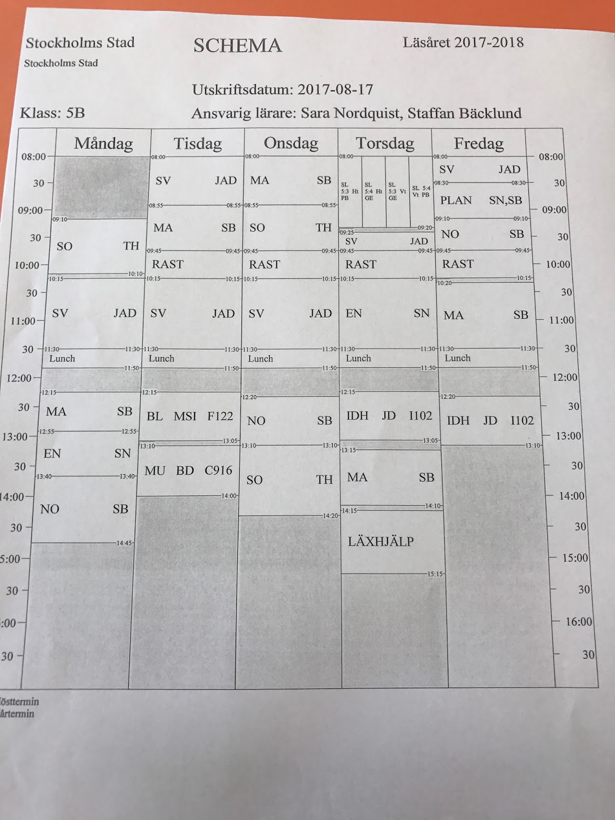 Trollbodaskolan år 5: Schema