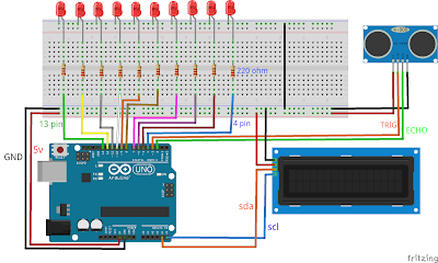 arduino distance measurement with lcd and leds code