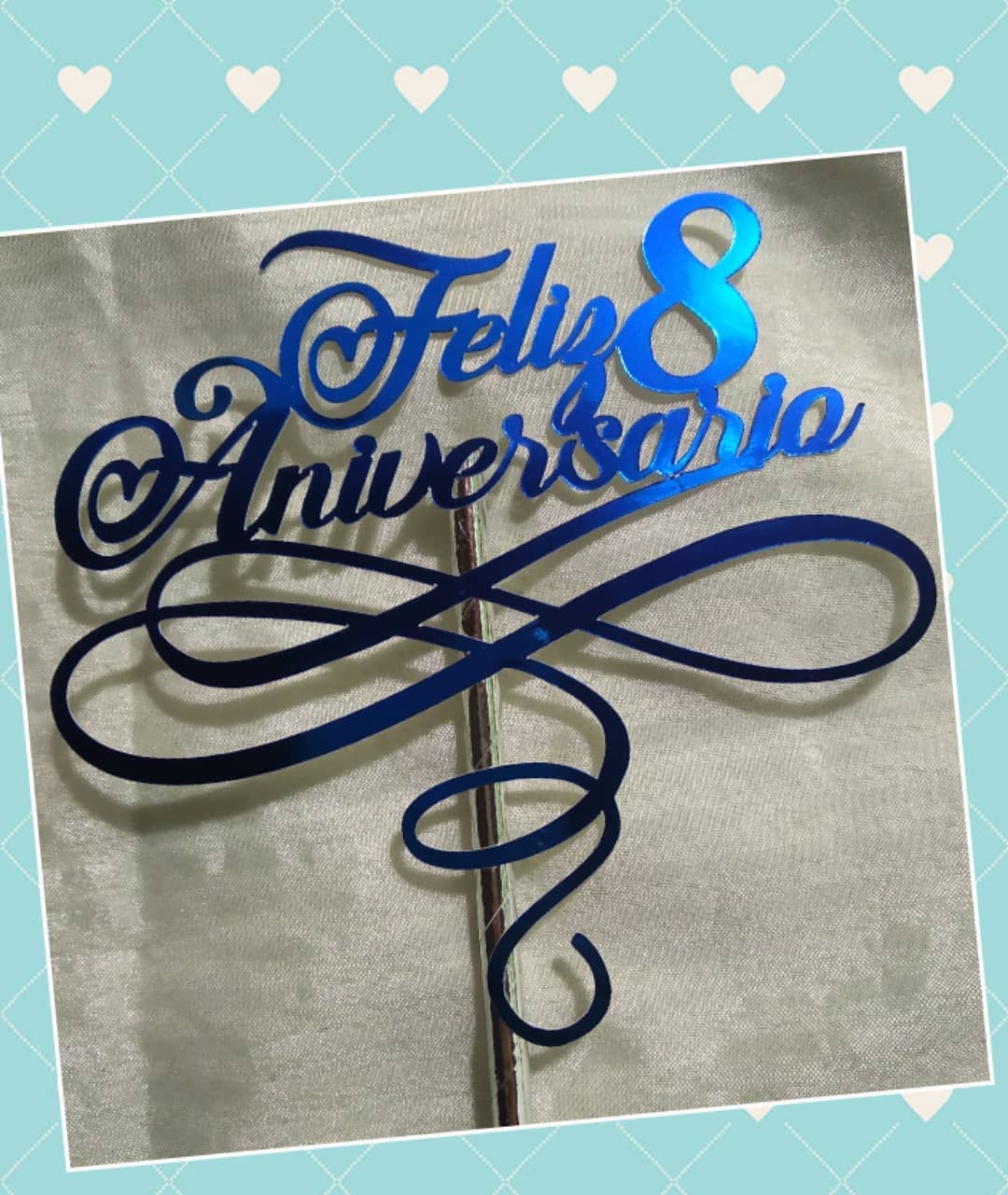 Topper Metalizado Azul Feliz Aniversario 8 - Mis Toppers Tus Toppers