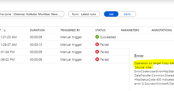 Operation on target Copy data failed: Failure happened on 'Source' side