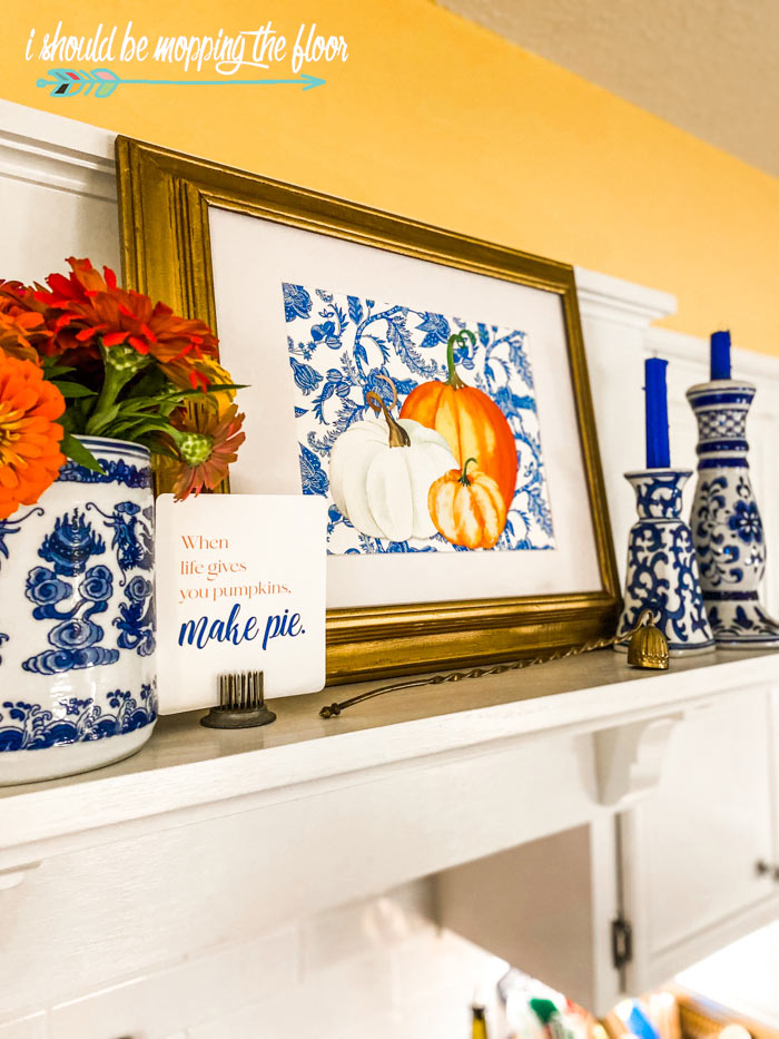 White and Blue Fall Decor in the Kitchen | i should be mopping the floor