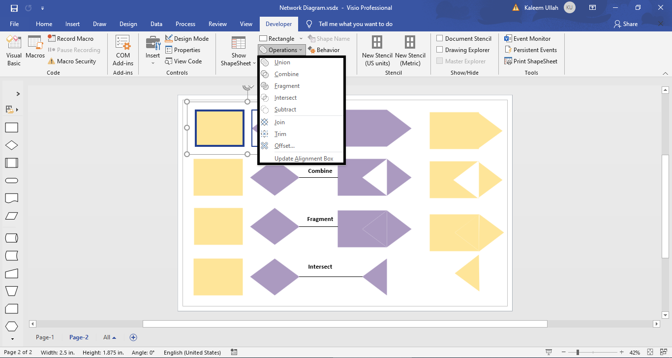 How to combine shapes in Microsoft Visio with the help of Operations?