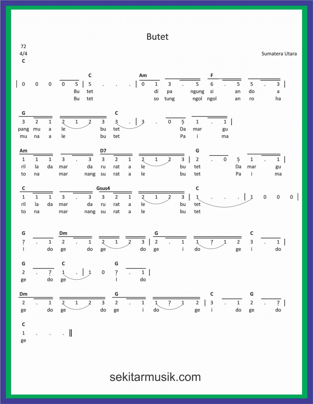 Not Angka Lagu Butet - SEKITAR MUSIK