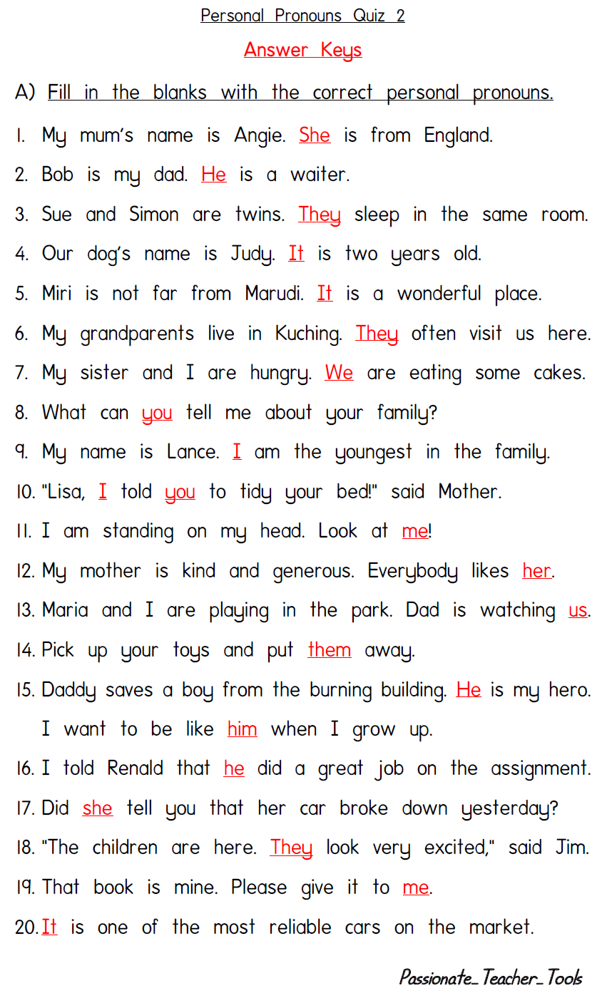 Passionate Teacher Tools: Personal Pronouns Quiz 2 (With Answers)