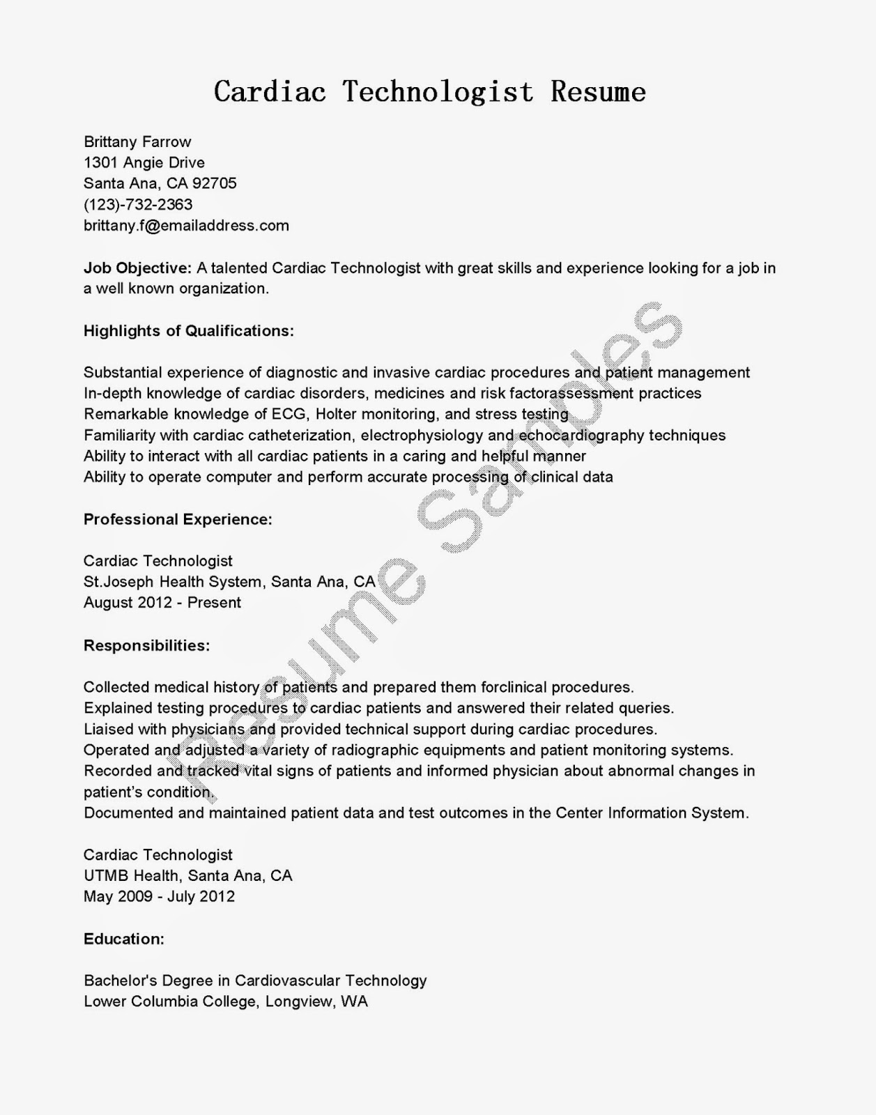 Resume Samples: Cardiac Technologist Resume Sample