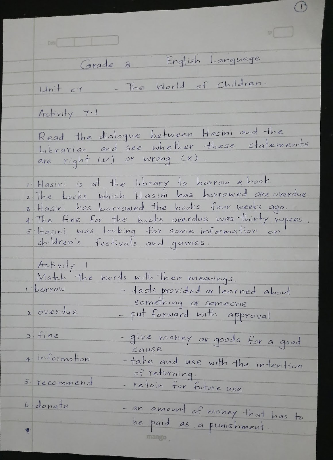 Anuladevi Balika Vidyalaya - Galle: Grade 8 - English