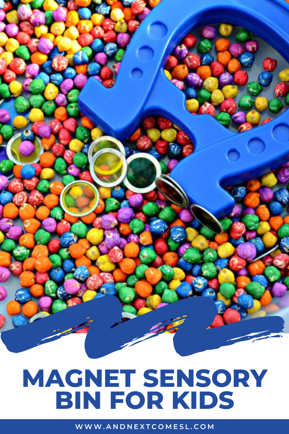 Magnet Sensory Bin with Rainbow Dyed Chickpeas | And Next Comes L ...