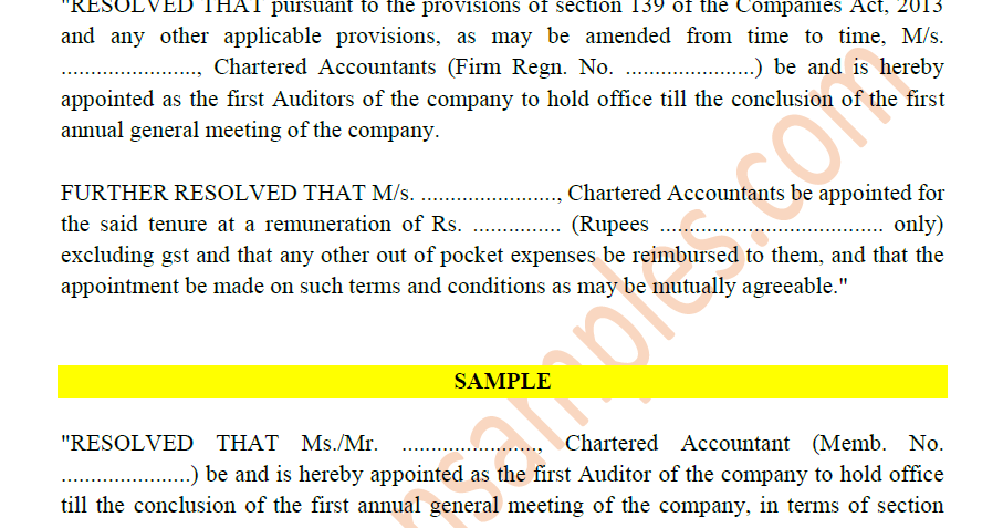Draft Board Resolution for Appointment of First Statutory Auditor
