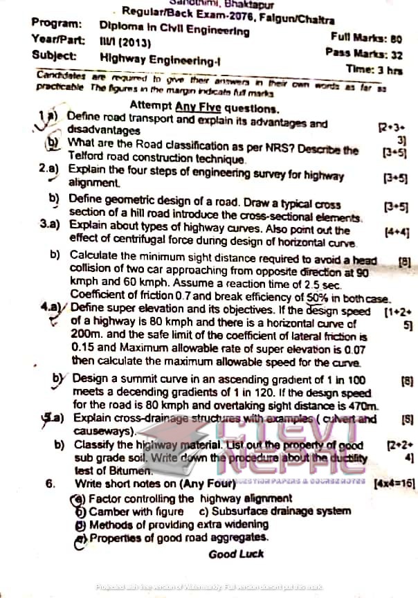 Highway Engineering I - 5th Semester Question Papers CTEVT | Diploma in ...