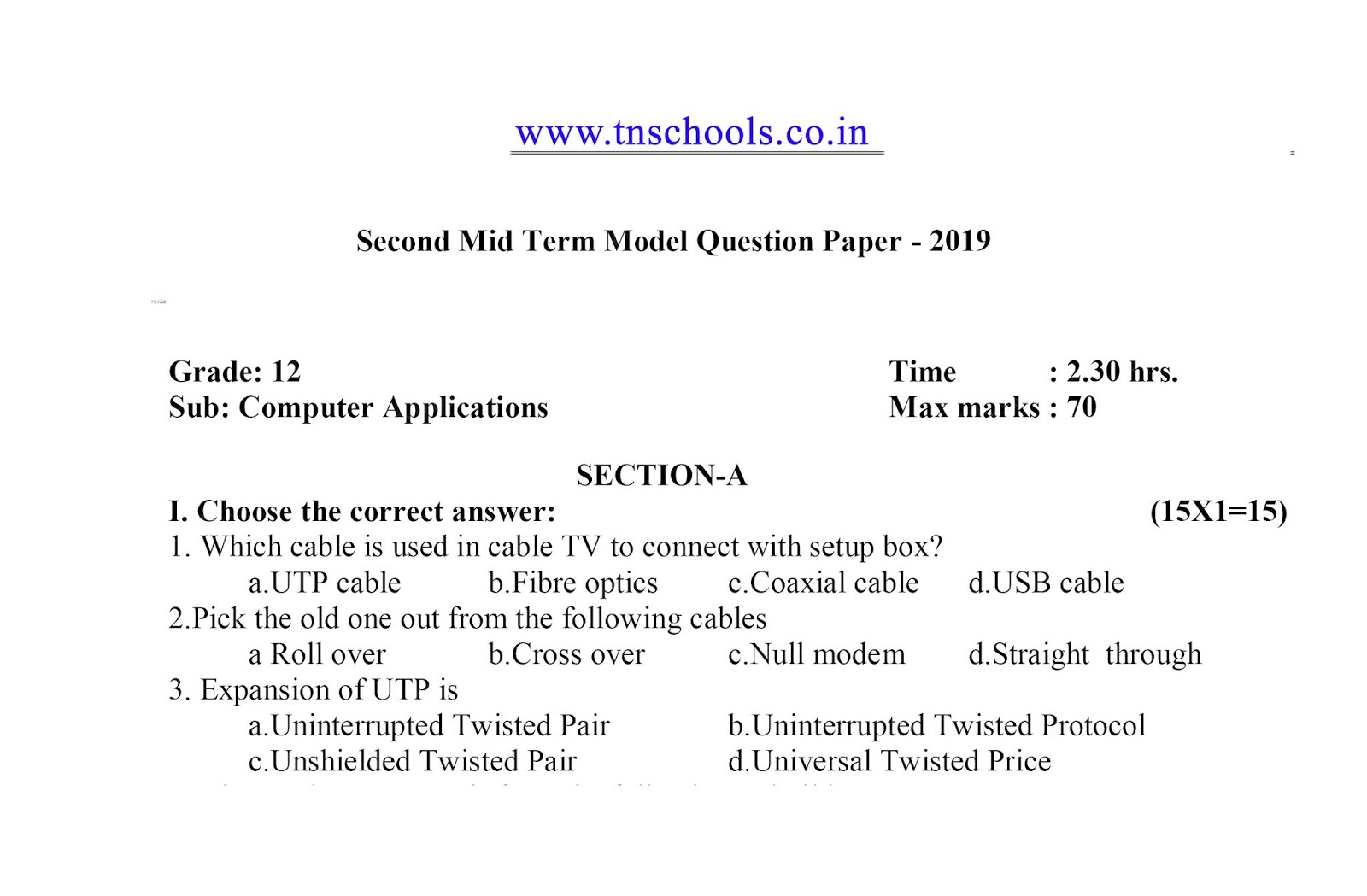 12th Std Computer Applications Second Mid Term Model Question Paper English Medium 2019