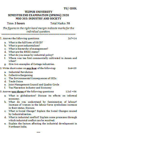 TEZPUR UNIVERSITY (TU/CODL) SEMESTER END MSO 303: INDUSTRY AND SOCIETY ...