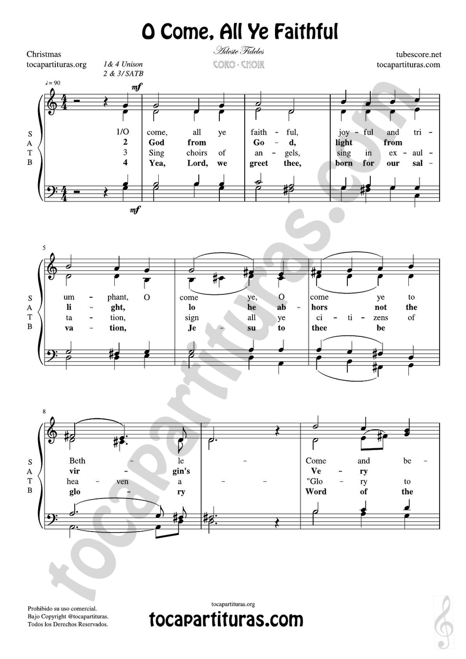 tocapartituras: O come, all ye faithful Partitura de CORO SATB a 4 voces Letra en inglés Adeste ...