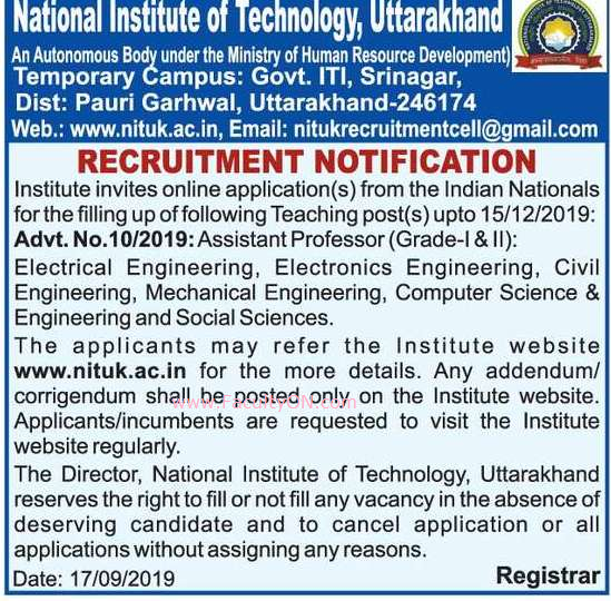 National Institute of Technology Uttarakhand Teaching Faculty Job ...
