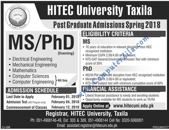 Hitec University Admissions Open Spring 2018 - Computer Zila