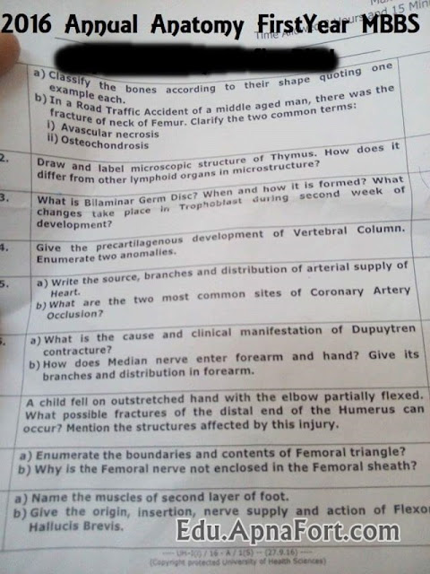 First Year MBBS Anatomy Annual Paper 2016 [UHS]