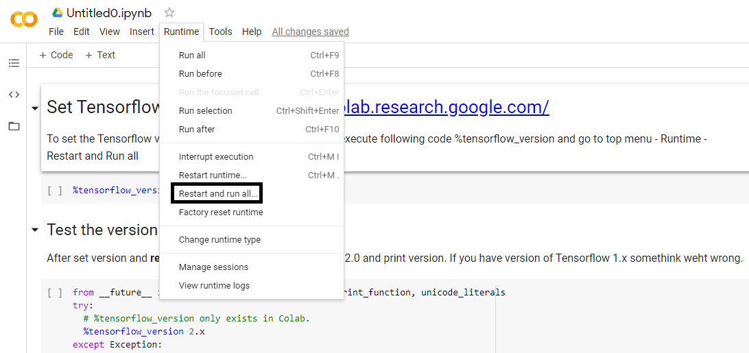 How to set Tensorflow 2 on Colab.research.google.com