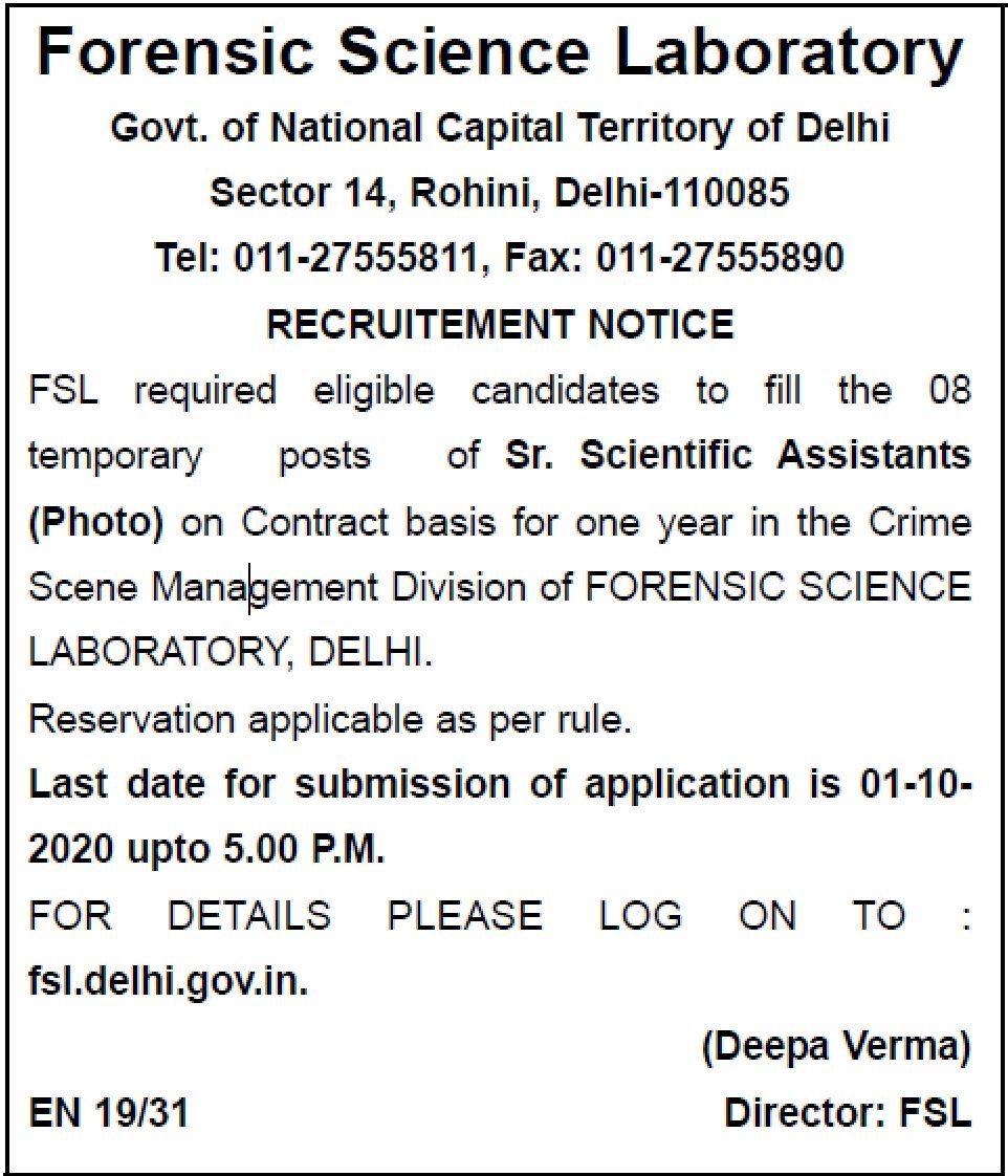 Forensic Science Laboratory Delhi Recruitment 2020 Apply 12 Vacancies ...
