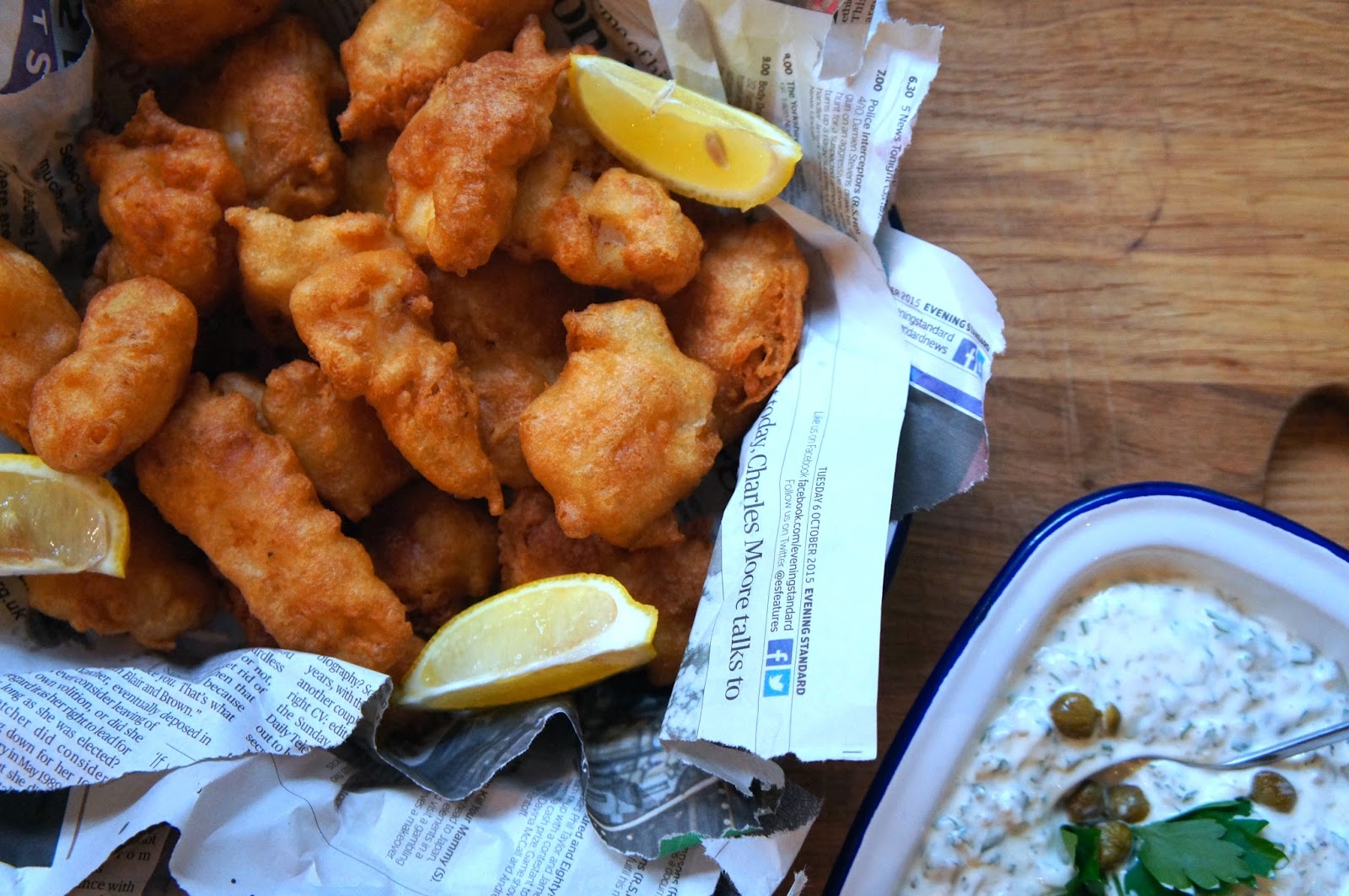 Notes of Bacon: Beer battered cod bites with tartare sauce