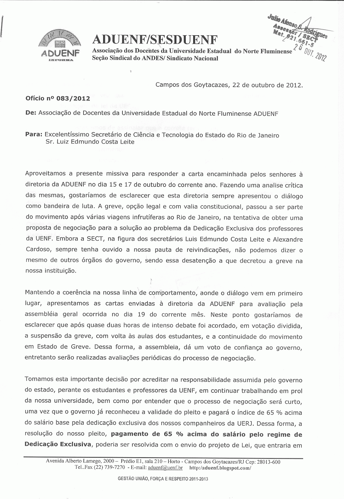 CARTA RESPOSTA AO SECRETÁRIO DE CIÊNCIA E TECNOLOGIA PROF. LUIS EDMUNDO ...