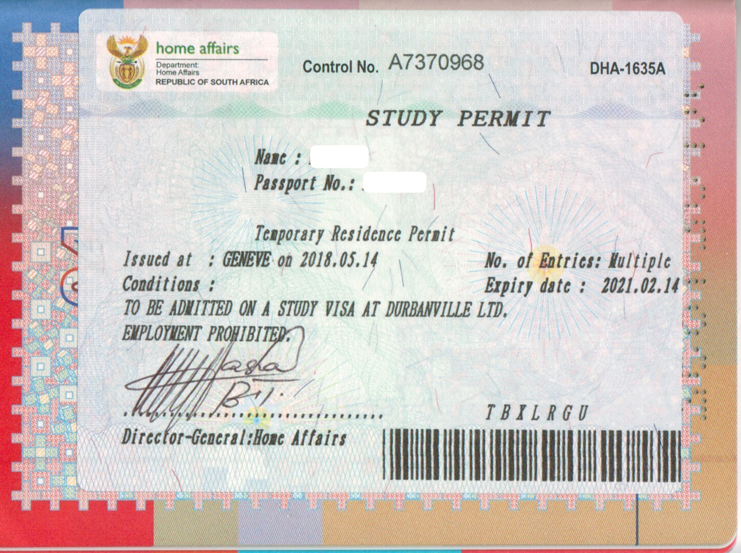 Afrique du Sud - Le Cap: 15.05.2018 - Visas