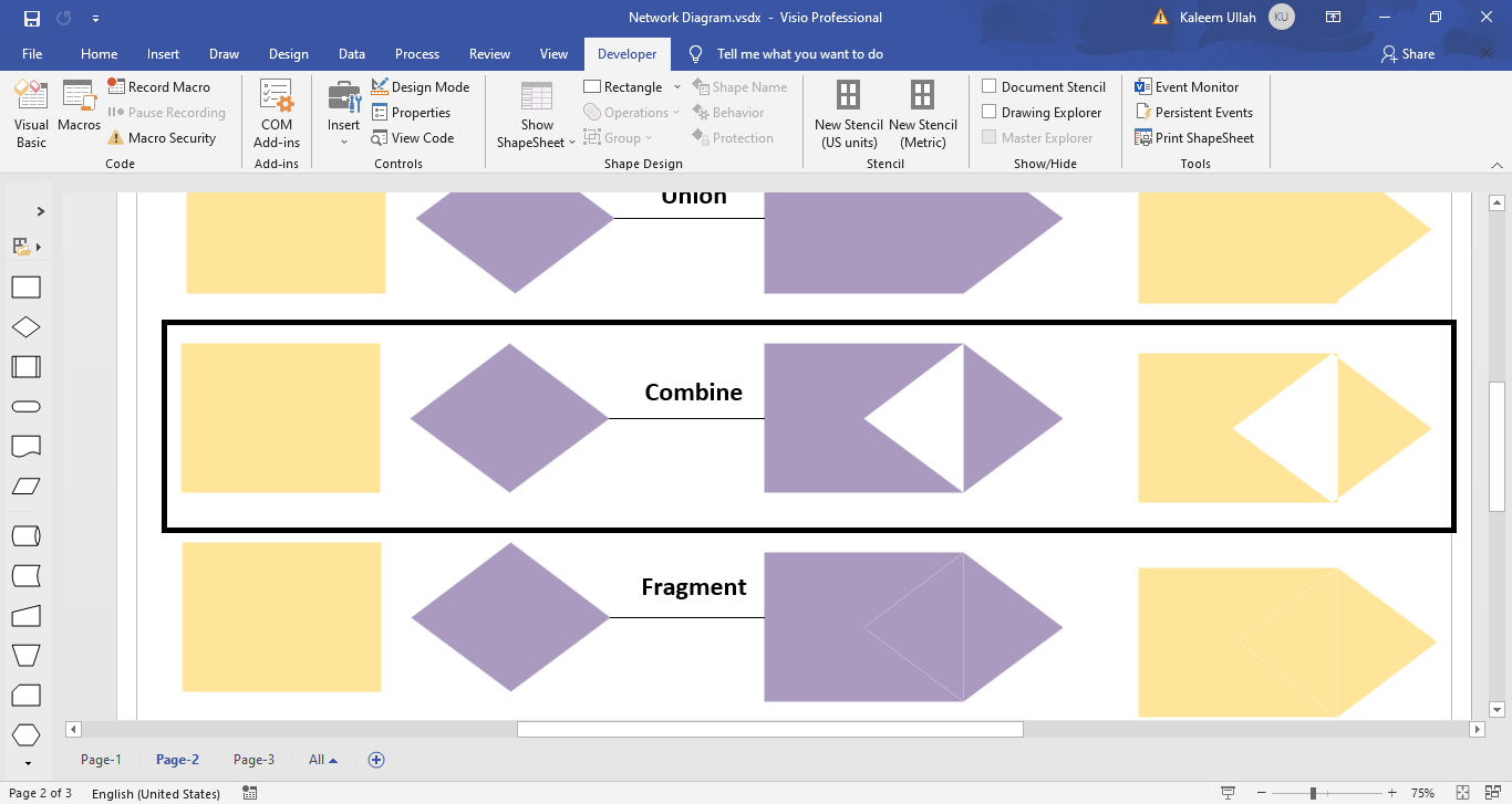 How to combine shapes in Microsoft Visio with the help of Operations?
