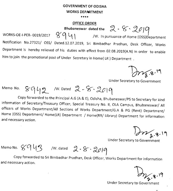 OSS TODAYS: Relieve Order of Bimbadhar Pradhan, Desk Officer