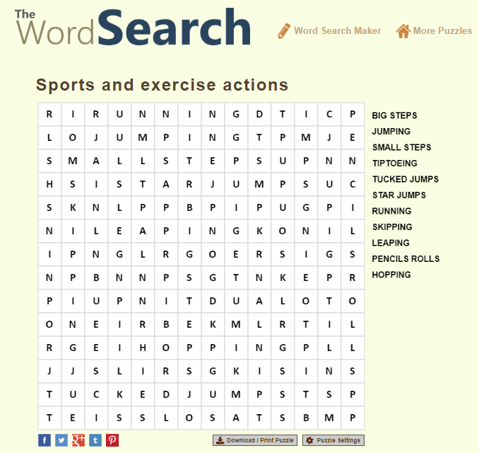 SPORTS AND EXERCISE ACTIONS WORDSEARCH