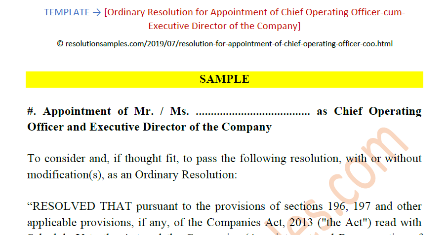Ordinary resolution appointment of Chief Operating Officer COO