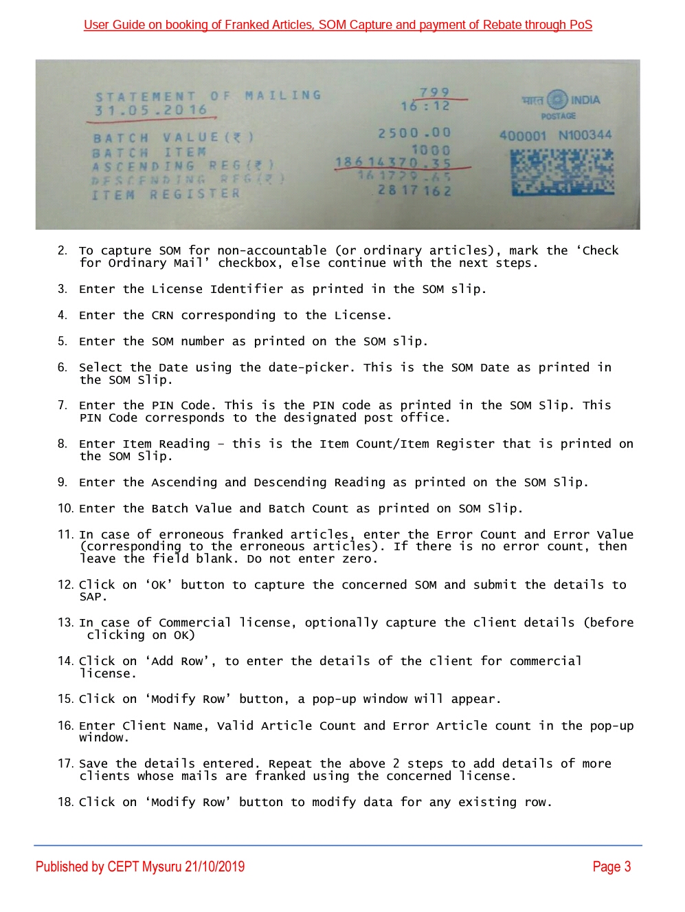 User Guide on booking of Franked Articles , SOM Capture and payment of ...