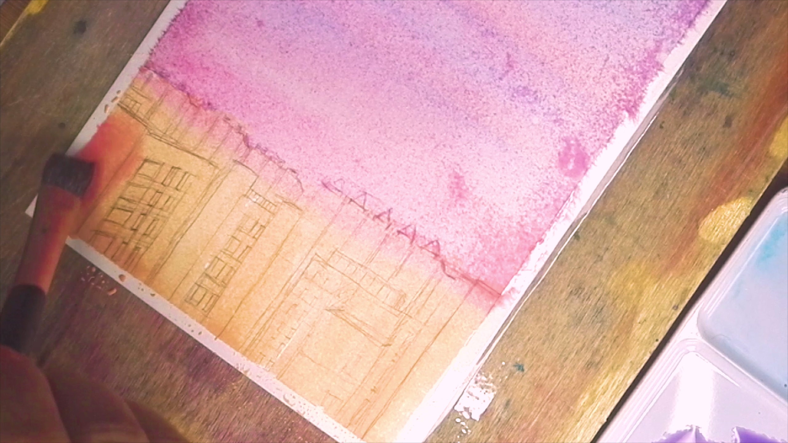 How to draw a pink style sunset with watercolor tutorial step by step ...