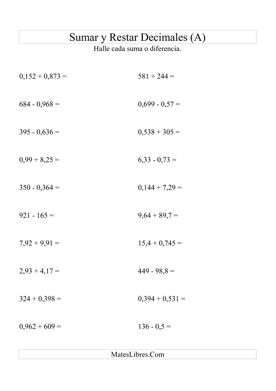 Las mates de π: Tema 7: Números decimales. Suma y resta de decimales ...