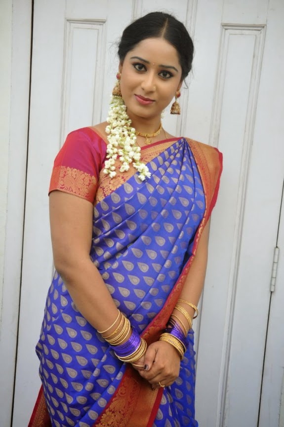 Glamorous Indian Girl TV Serial Actress Sneha Photos In Blue Saree ...
