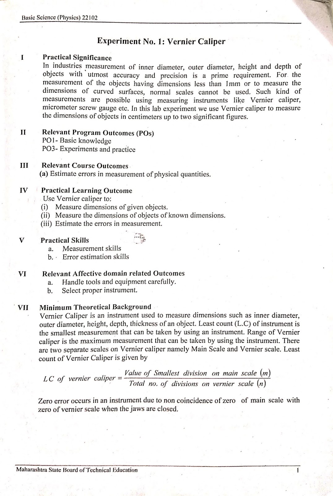 Vernier Caliper Physics Basic Science Practical No.1 First Year FY