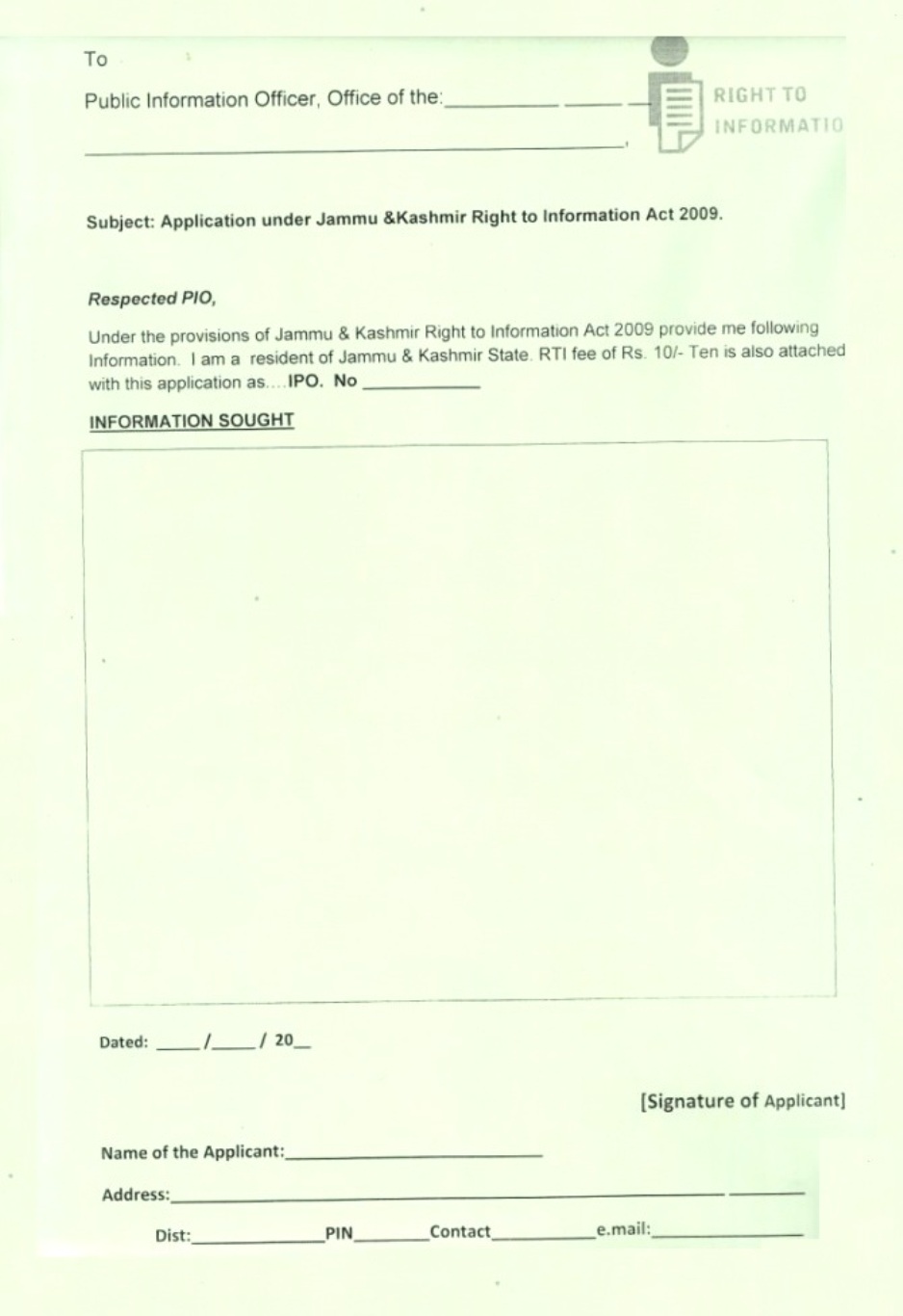 Right to Information Act, सूचना का अधिकार अधिनियम, جاننے کا حق: SAMPLE ...