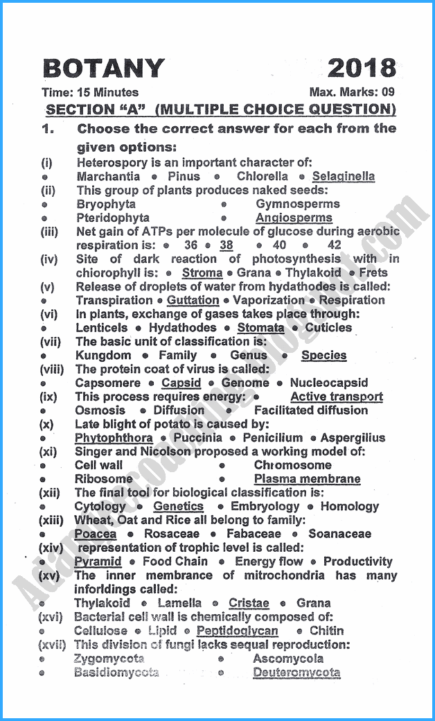 Adamjee Coaching: 11th Botany - Past Year Paper - 2018