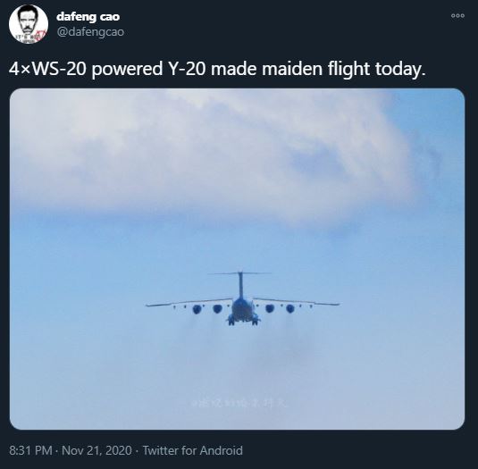 Military and Commercial Technology: 4 × WS-20 powered Y-20 made maiden ...