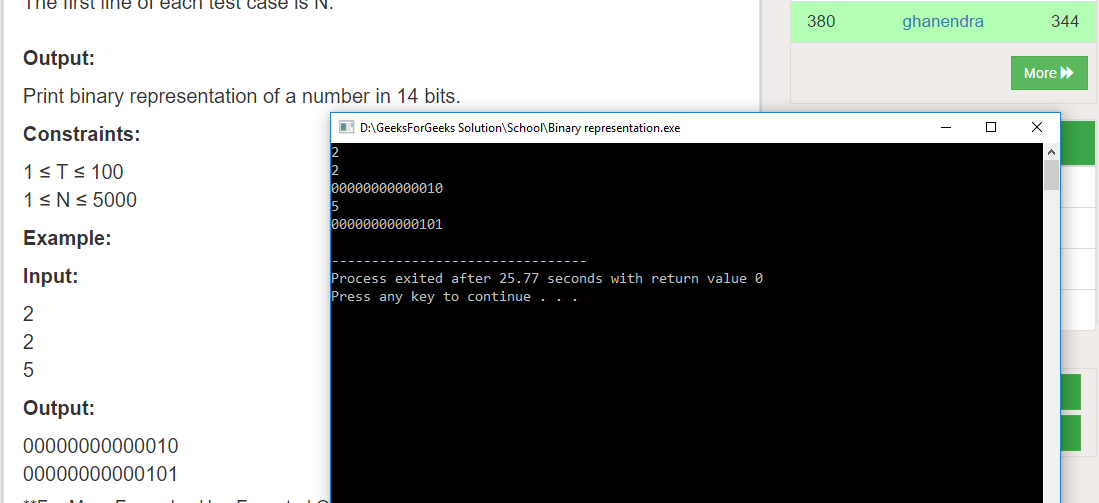 Geeksforgeeks Solution For " Binary representation