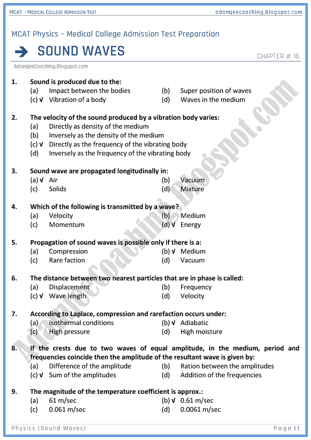Adamjee Coaching: MCAT Physics [Sound Waves] Mcqs for Medical Entry Test