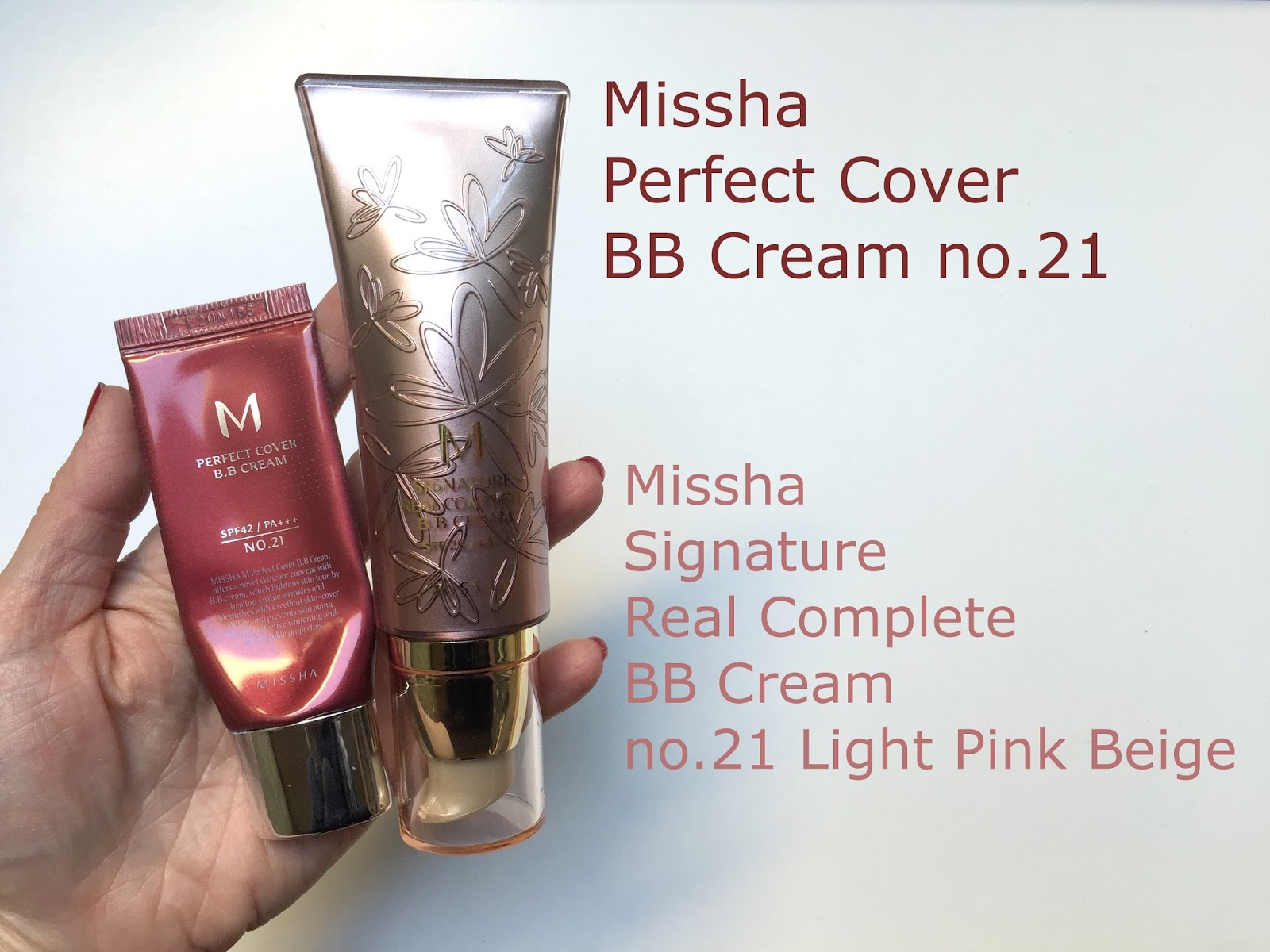 dwa kremy BB Missha- porównanie kolorów: Perfect Cover BB Cream no.21 i ...